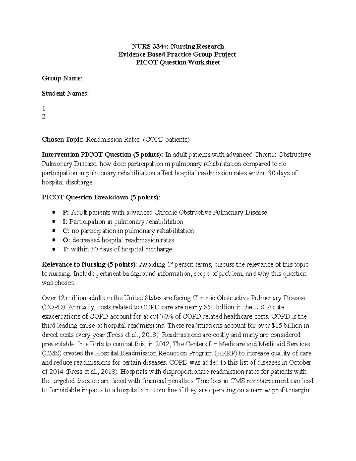 NURS 3344: PICOT Question Worksheet on COPD Readmission Rates - Studocu