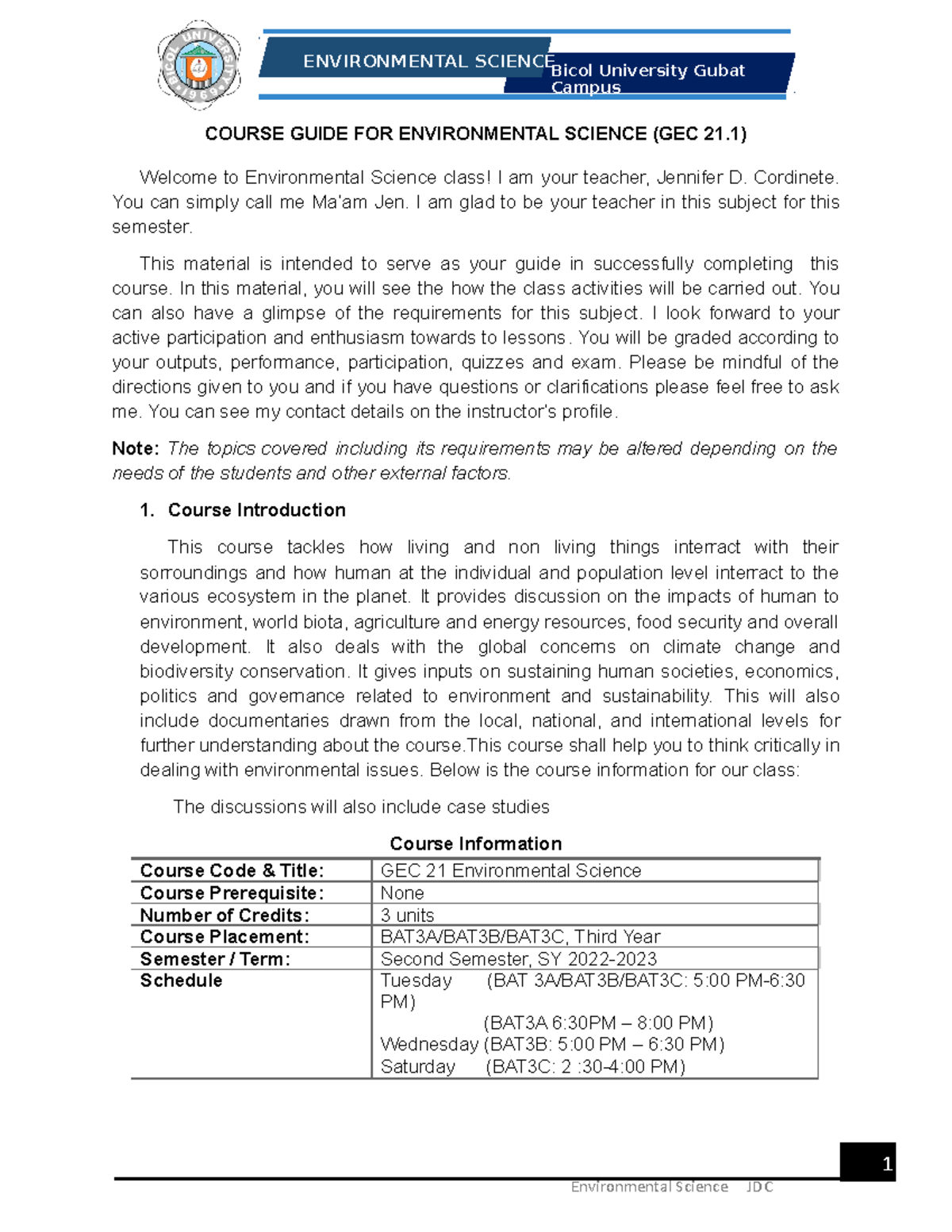 GEC 21.1 Course Guide: Environmental Science Overview by Ma’am Jen ...