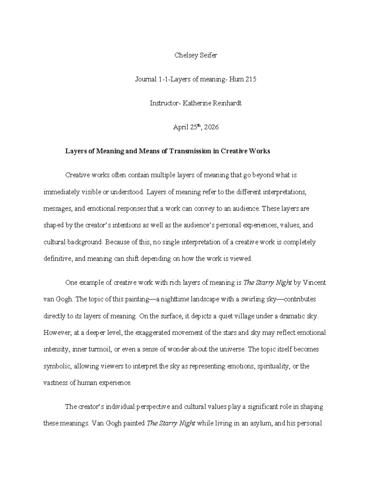 Hum 215 Essay: Layers of Meaning in Creative Works - Studocu