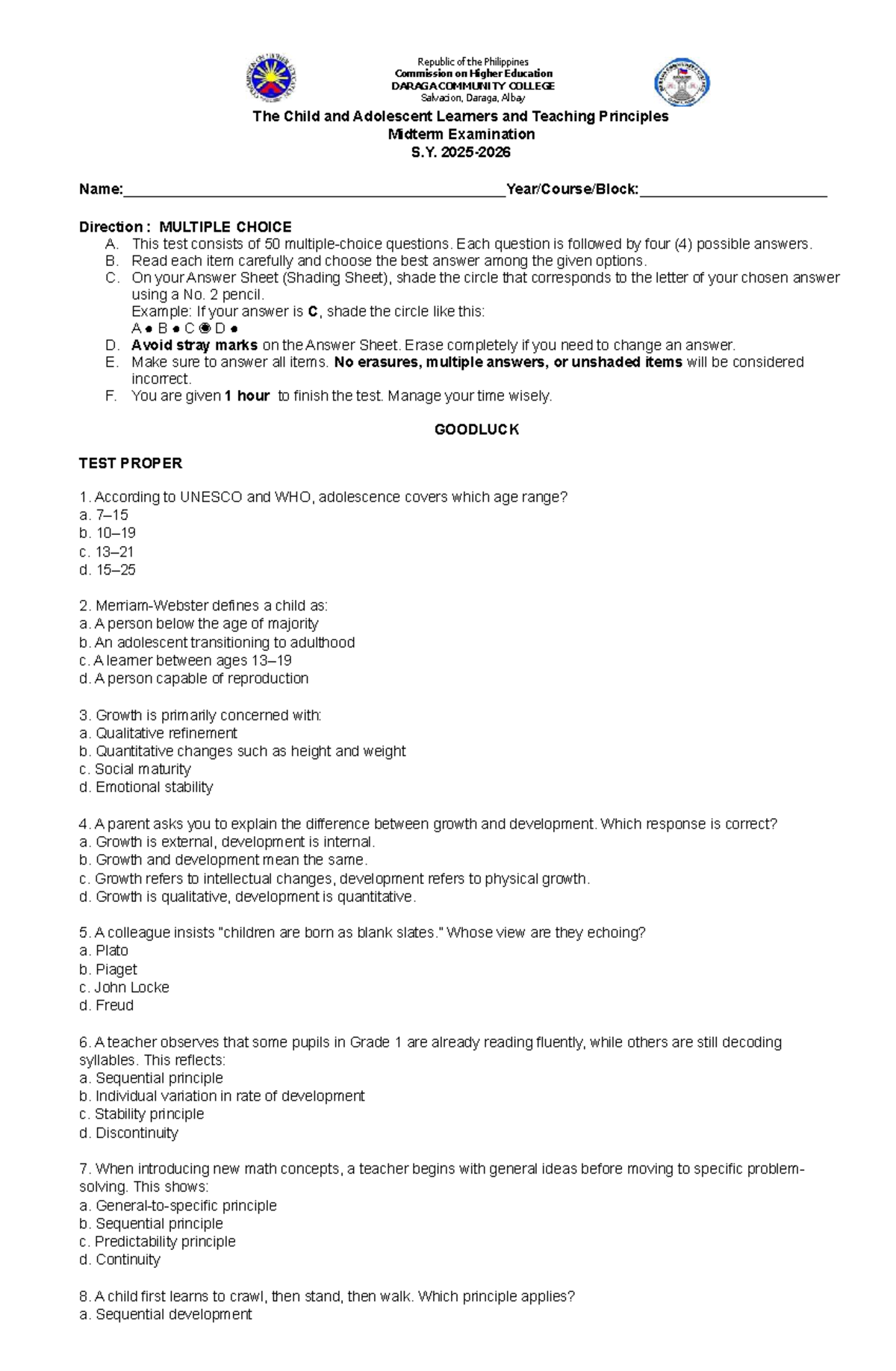 Child and Adolescent Learners Teaching Principles Midterm Exam Draft - Studocu