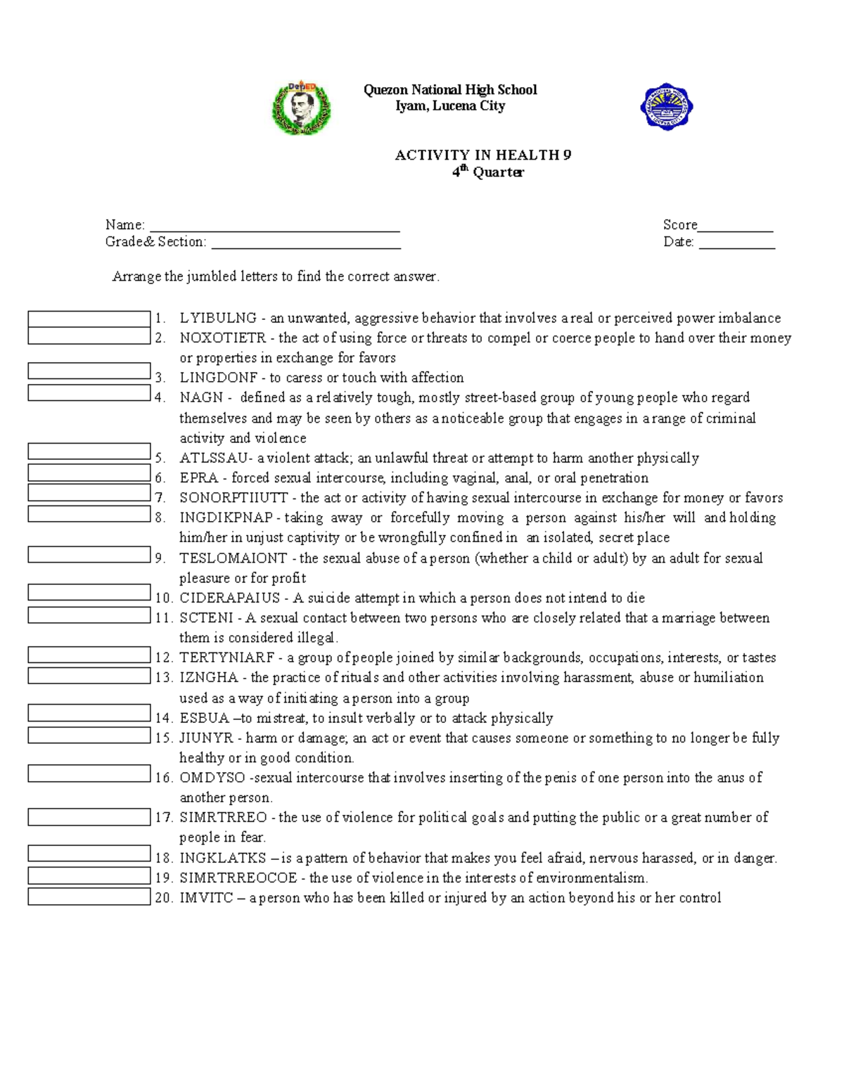 Health 9 Activity: 4th Quarter Quiz on Key Terms - Studocu