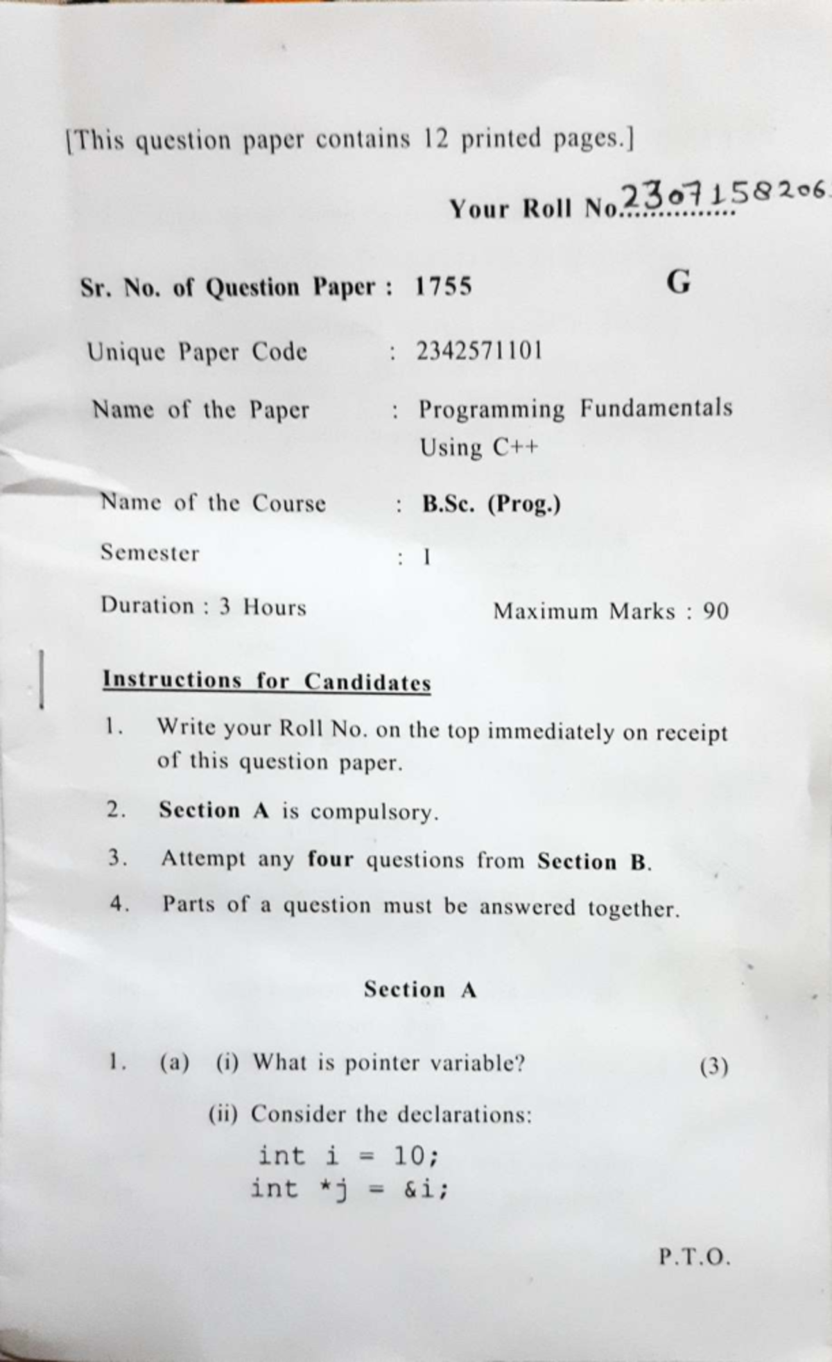 B.Sc. (Prog.) Sem I: Programming Fundamentals Exam Paper 1755 - Studocu