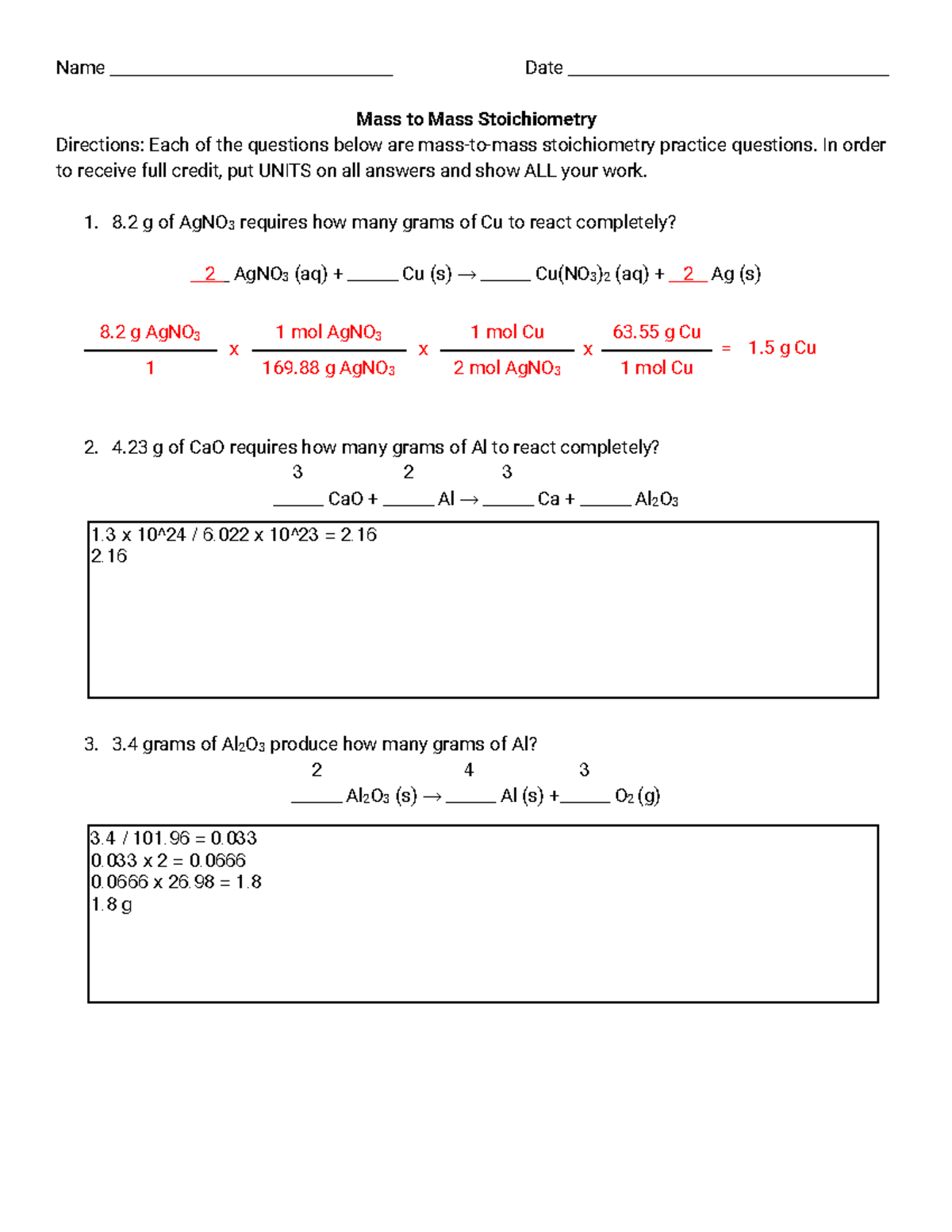 Mass-to-Mass Stoichiometry Practice Problems - v2 - Studocu