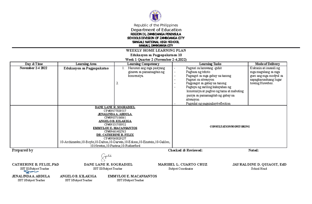 Esp10 Week1 Q2 Weekly Learning Plan For Edukasyon Sa Pagpapakataon 10