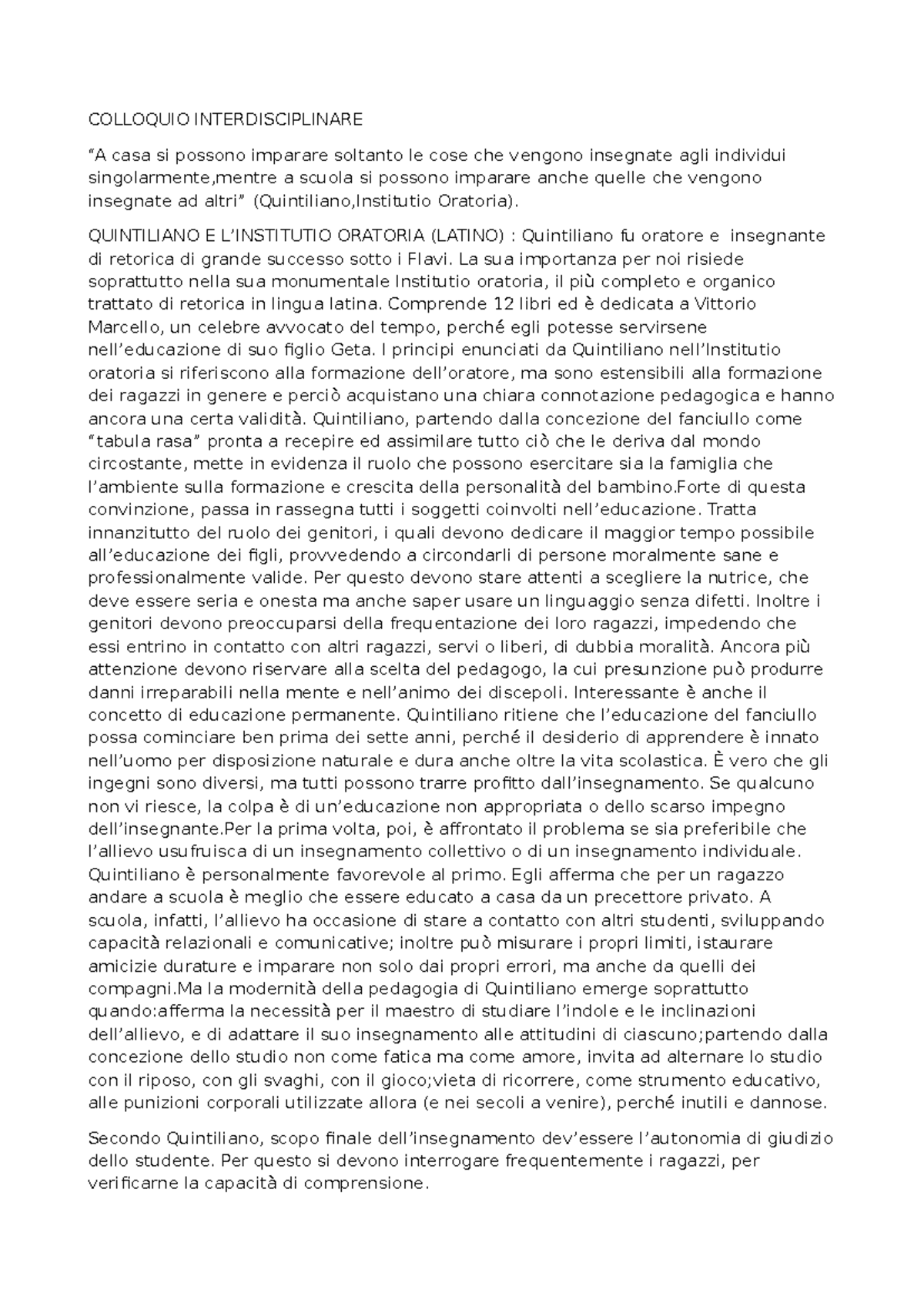 COLLOQUIO ORALE MATURITÀ: QUINTILIANO E LA PEDAGOGIA MODERNA - Studocu