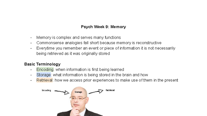 Psych 101 Week 9: Memory Concepts and Theories Notes - Studocu