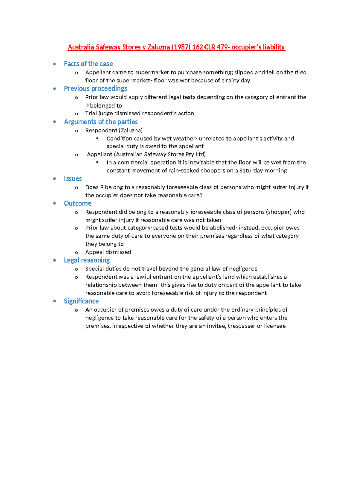 Case Summary: Australia Safeway Stores v Zaluzna (1987) 162 CLR - Studocu