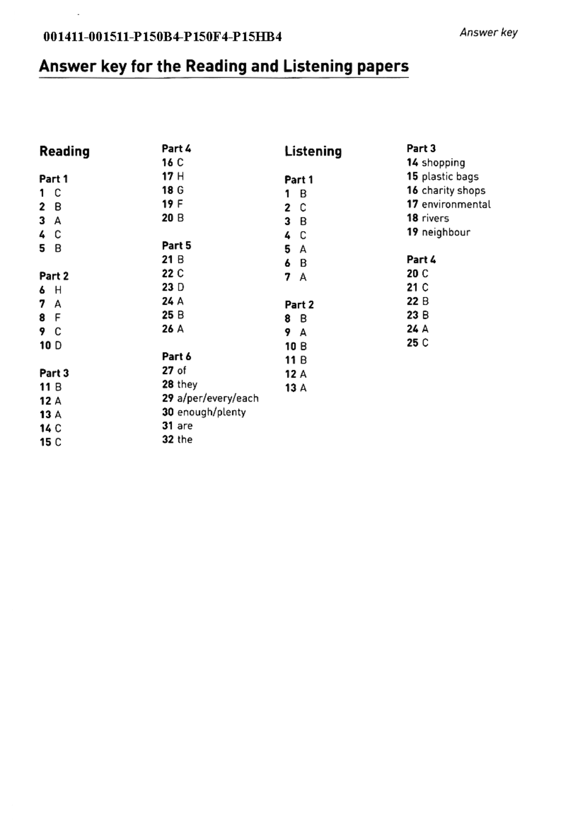 Answer Key - Answer key Answer key for the Reading and Listening papers ...