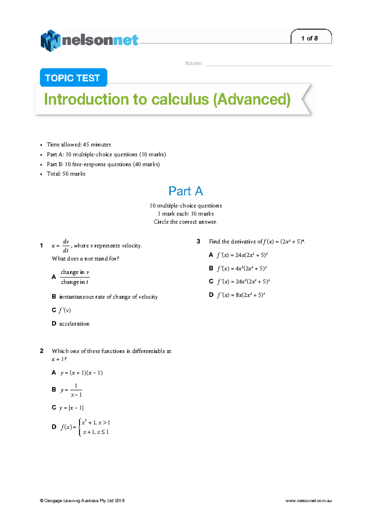 Calculus Test for yr 11 - Name ...
