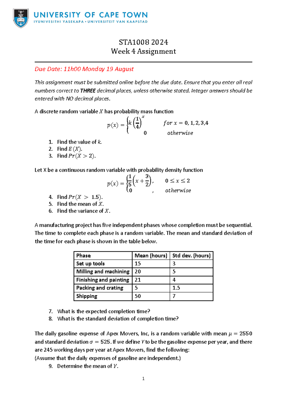 STA1008 2024 Week 4 Assignment: Random Variables & Statistics - Studocu