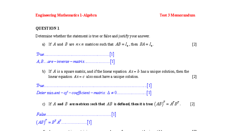 Engineering Mathematics Test 3 Memorandum Analysis and Solutions - Studocu