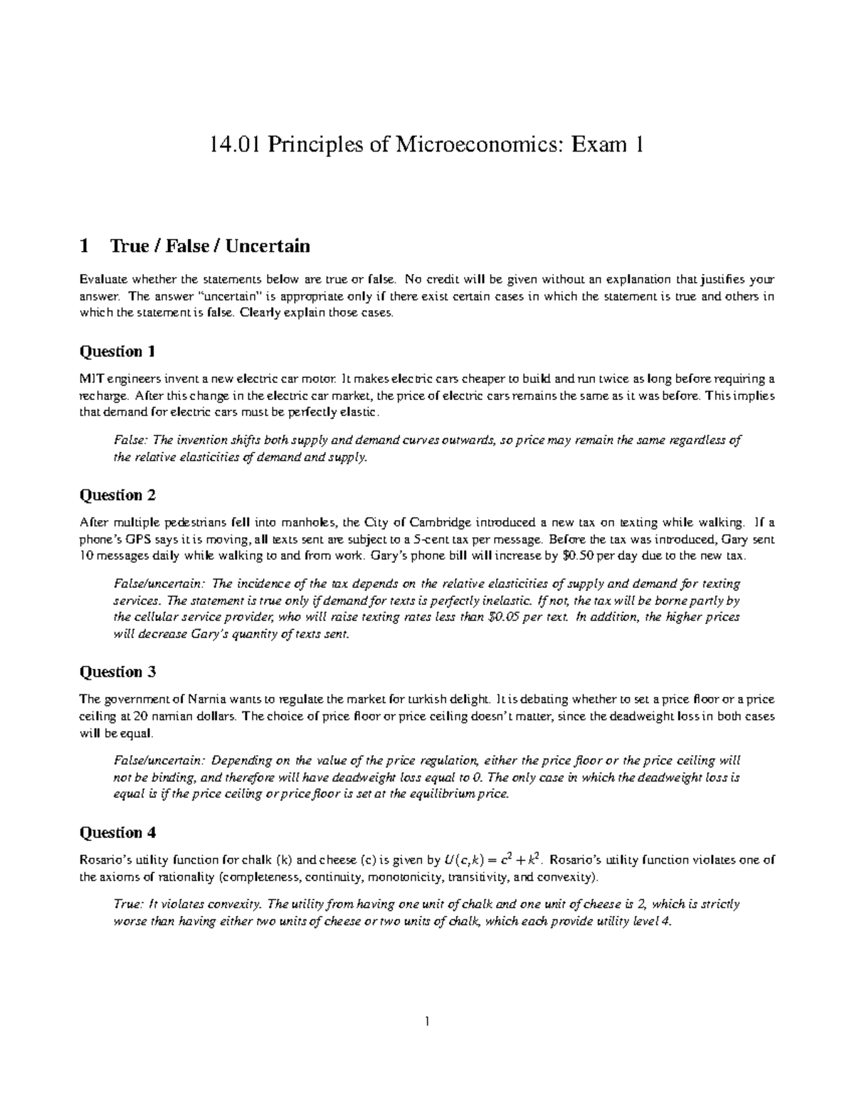 14.01 Principles of Microeconomics: Exam 1 Practice Q&A Guide - Studocu