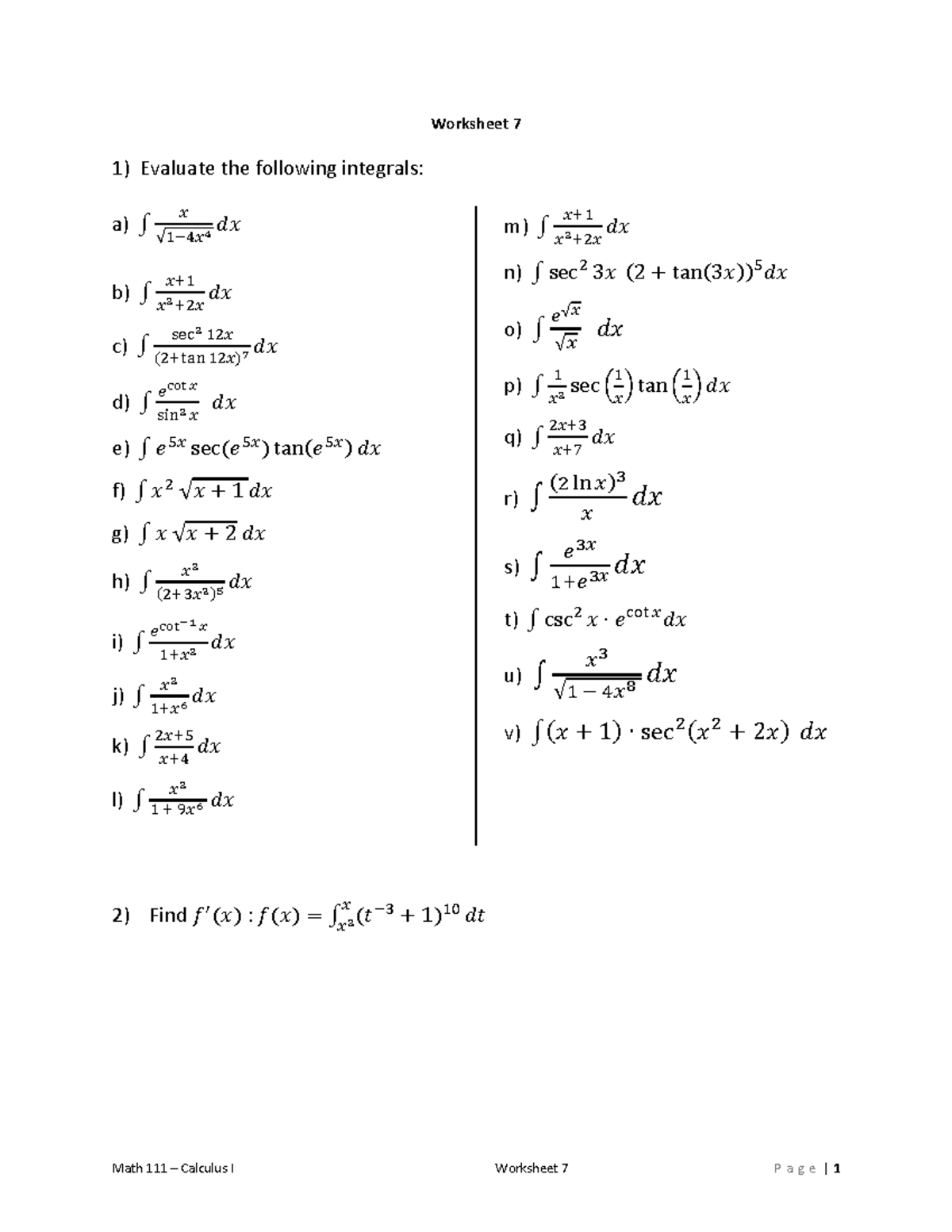 Calculus I Worksheet 7: Integration Problems and Solutions - Studocu