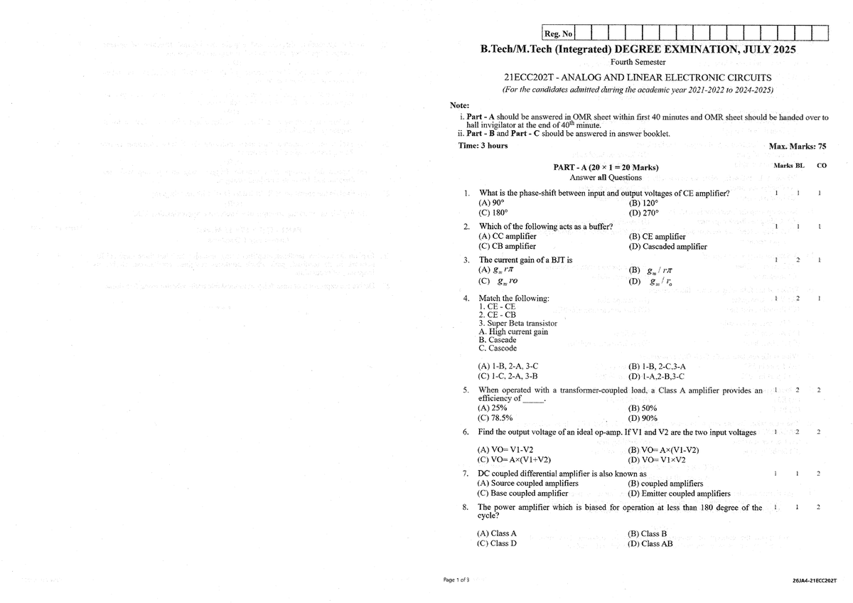 21ECC202T Analog and Linear Electronic Circuits Exam Paper - July 2025 ...