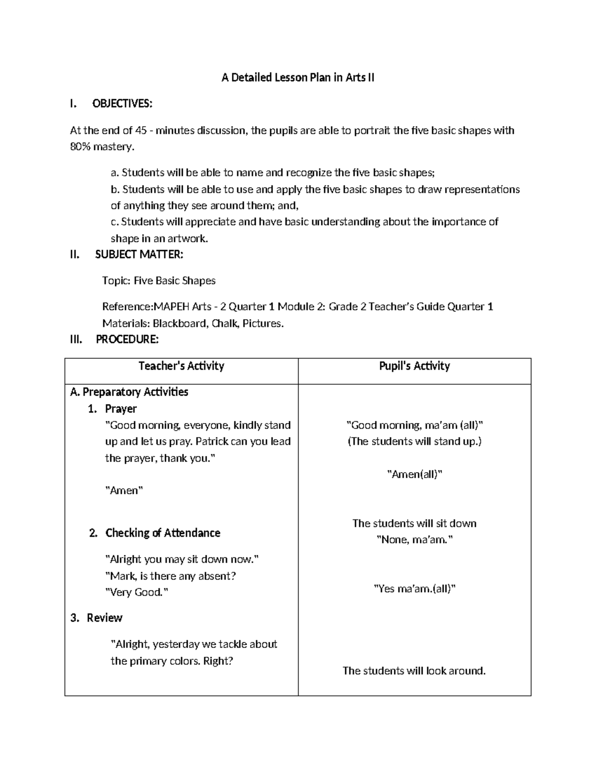Grade 2 Arts Lesson Plan: Exploring the Five Basic Shapes - Studocu