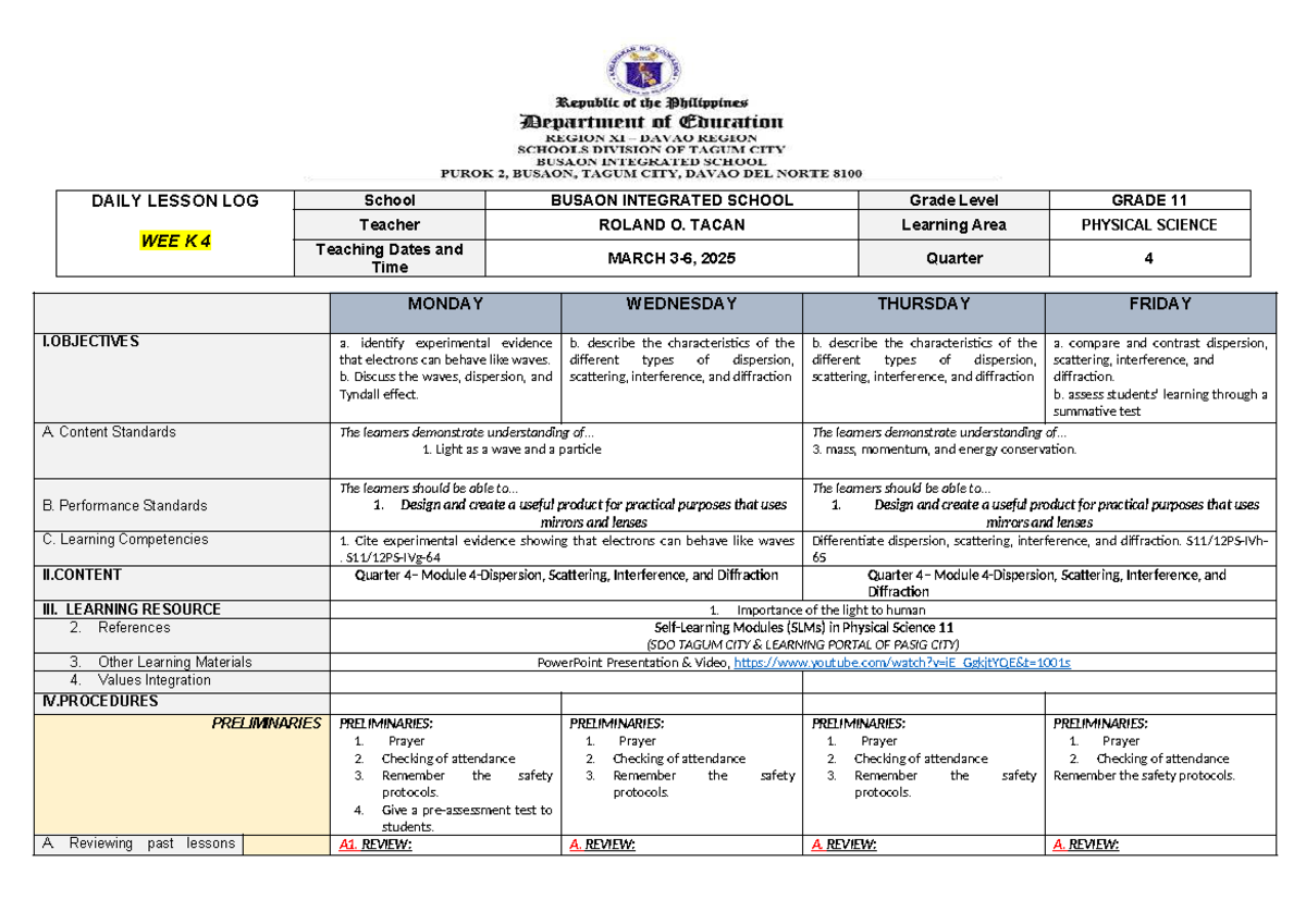 DAILY LESSON LOG: GRADE 11 PHYSICAL SCIENCE (WEEK 4) - Studocu
