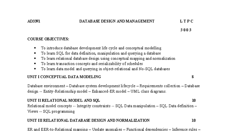 AD3391 DATABASE DESIGN AND MANAGEMENT UNIT 1-5 QUESTION BANK - Studocu