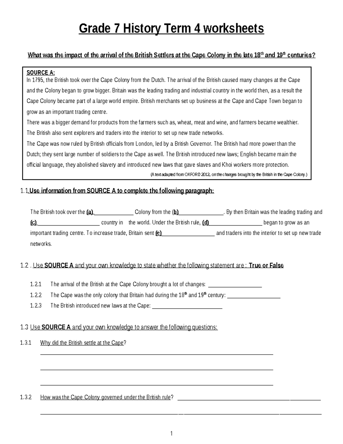 Grade 7 History Term 4 Worksheets: Impact of British Settlers at the ...