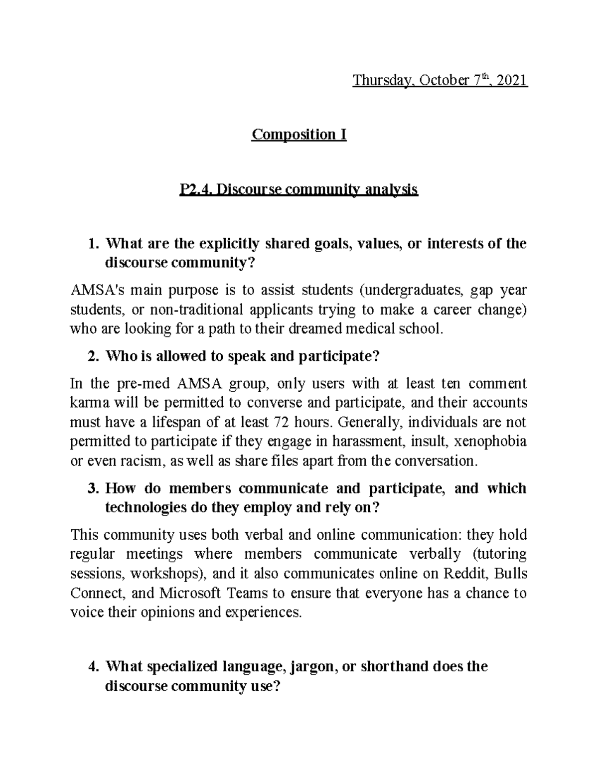 Composition I P2.4: Discourse Community Analysis Assignment - Studocu