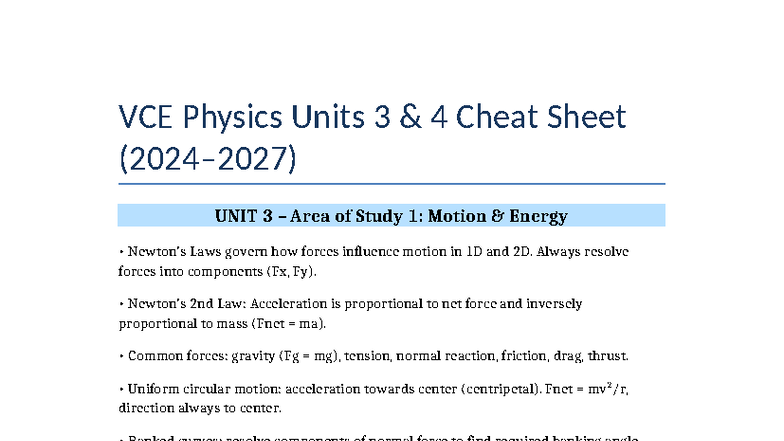 VCE Physics 3-4 Cheat Sheet: Motion, Energy, and Waves - Studocu