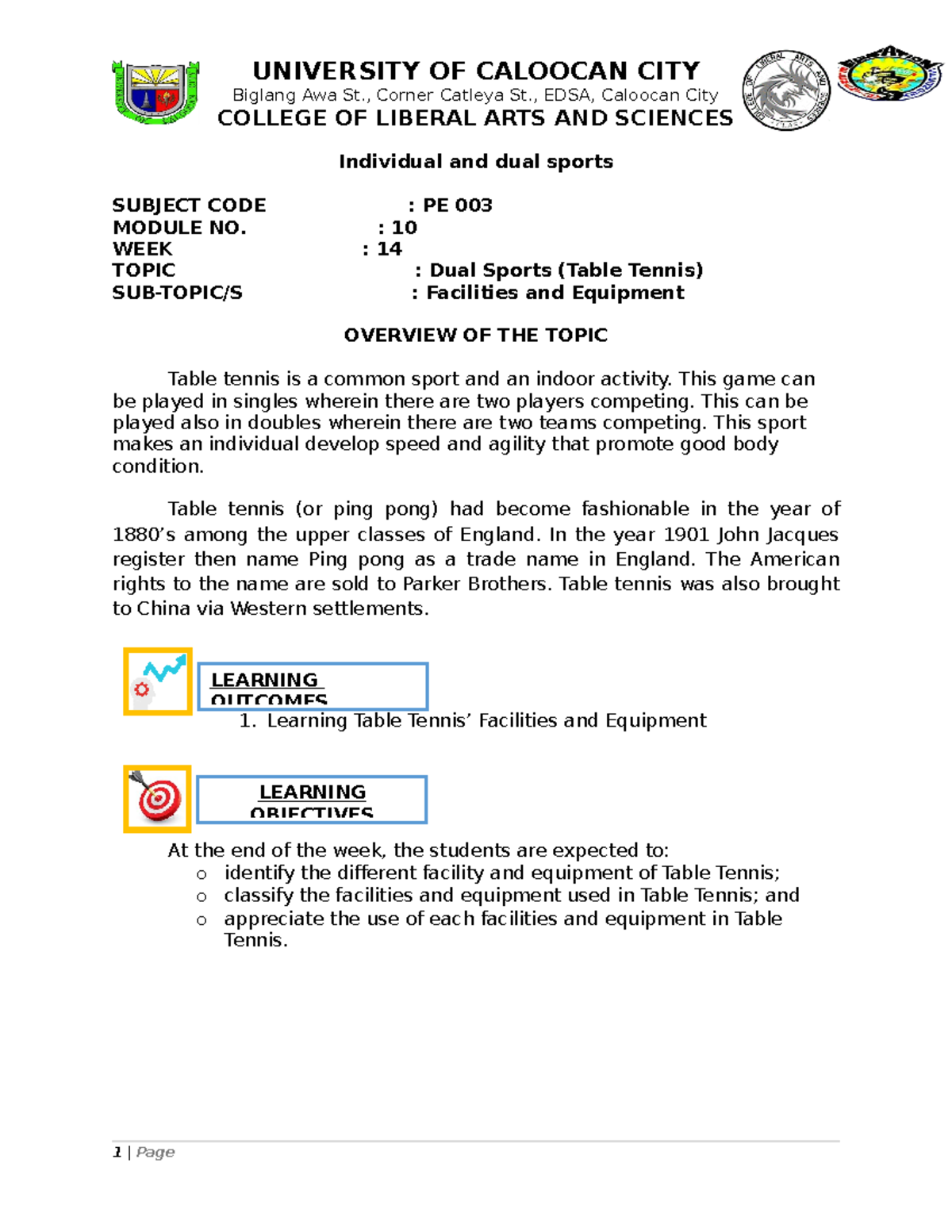 PE 003 - Module 10 - Week 14 - Overview of Table Tennis Equipment - Studocu