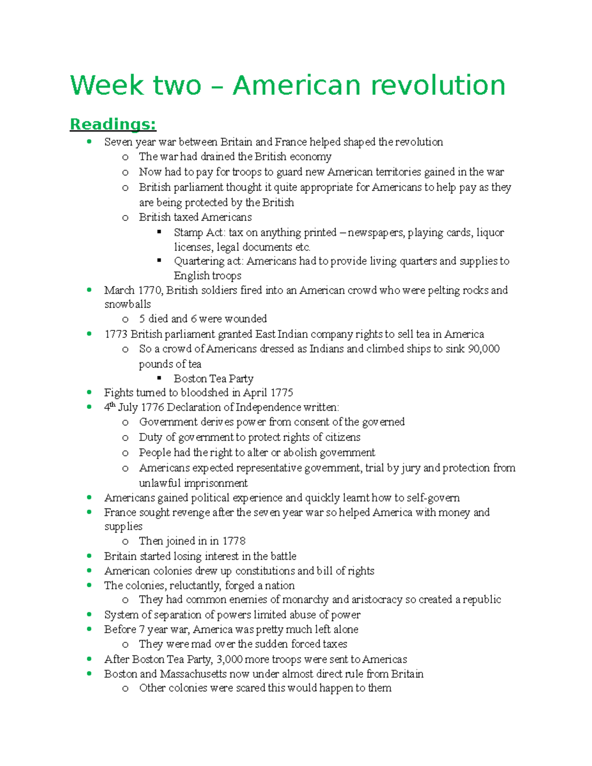 Week two - Notes from the lecture and readings - Week two – American ...