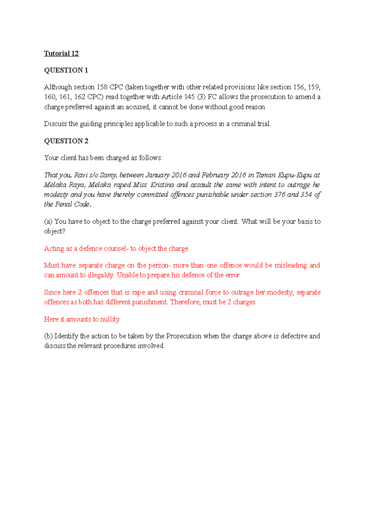 Tutorial 12 criminal procedure: Amendments and objections in criminal ...