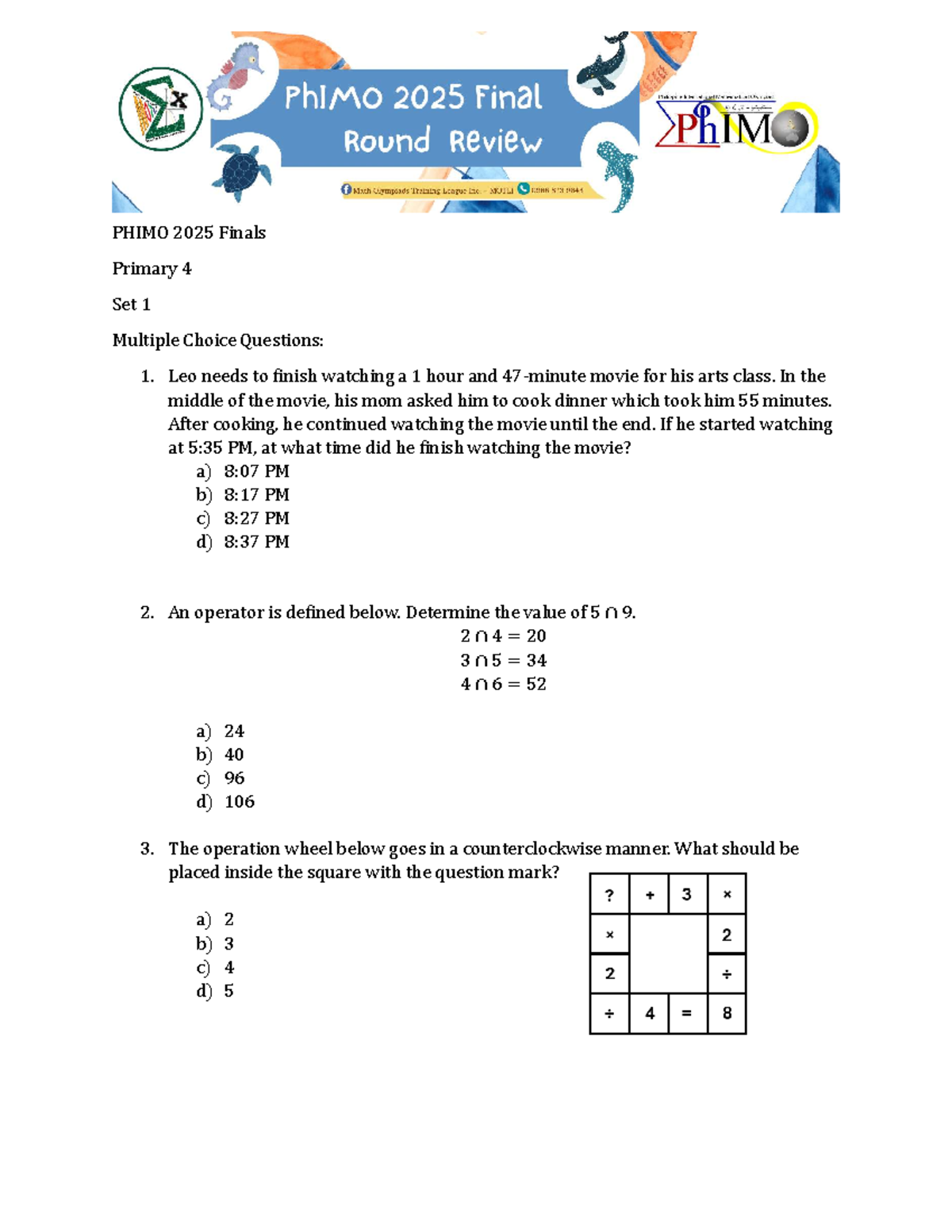 PHIMO 2025 Finals Primary 4 Set 1 MCQ Practice Questions - Studocu