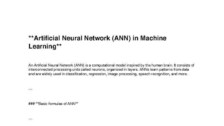 ANN Formulas and Definitions for Machine Learning - Studocu