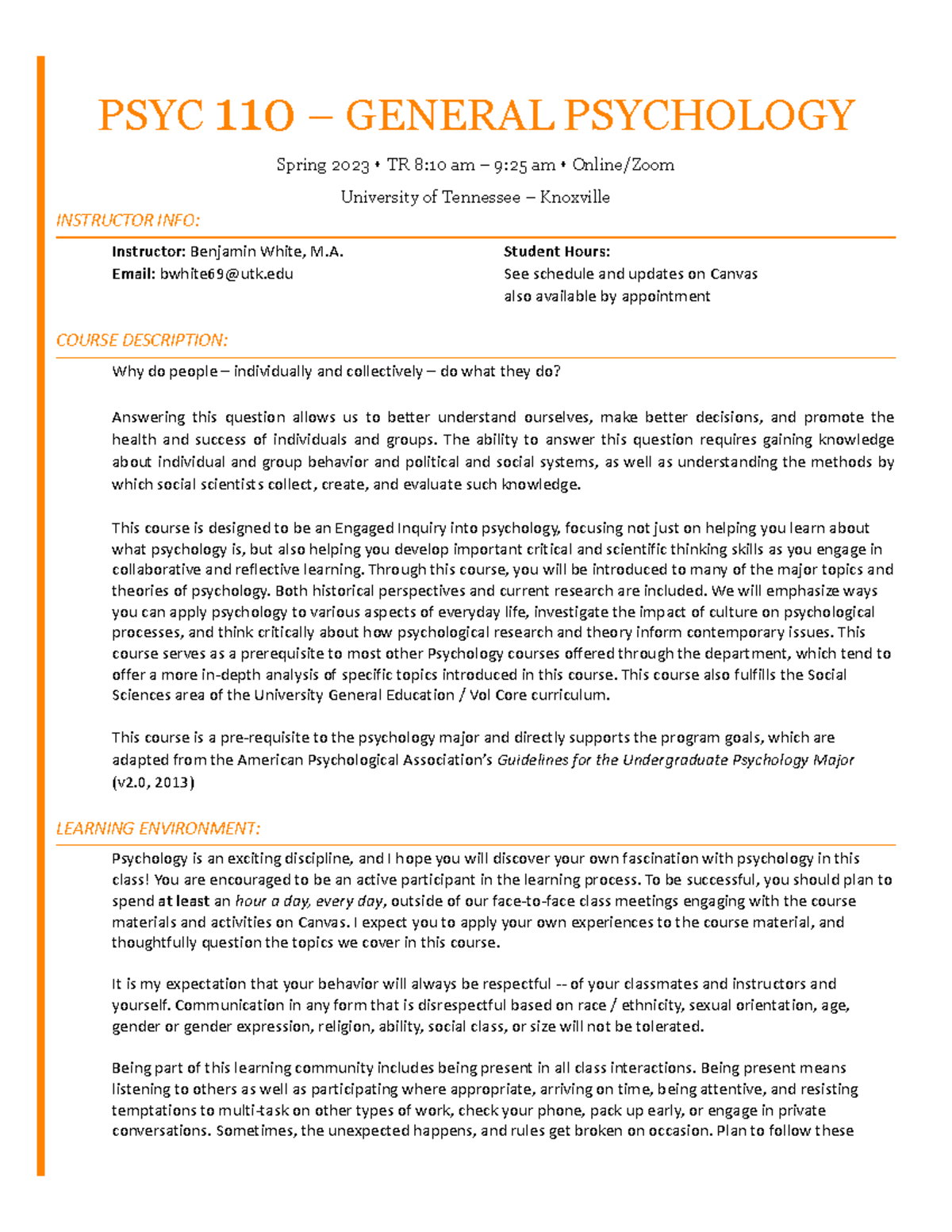 PSYC 110 - General Psychology Spring 2023 Syllabus Overview - Studocu