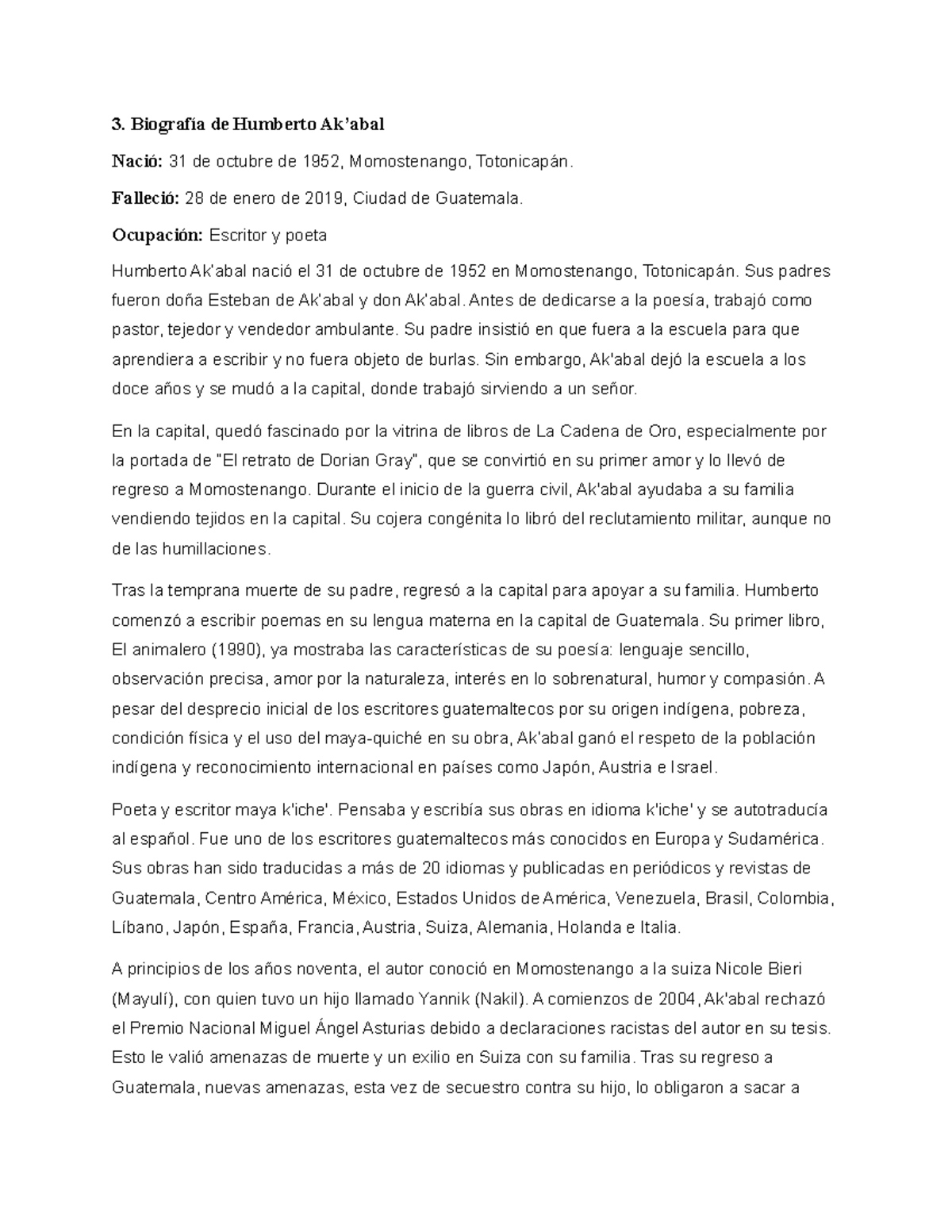 Biografía de Humberto Ak'abal: Poeta y Escritor Maya - Studocu