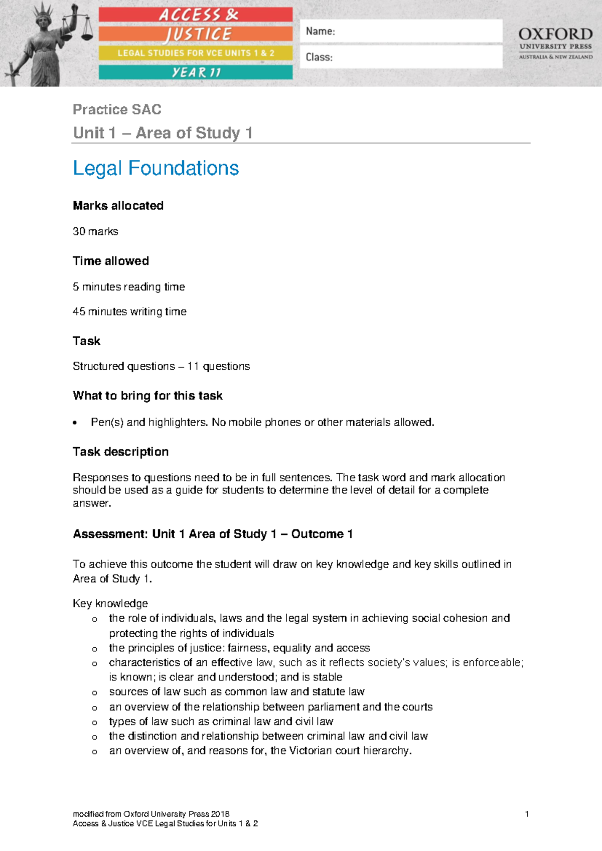 Practice SAC Unit 1 AOS 1: Legal Foundations Overview and Questions ...