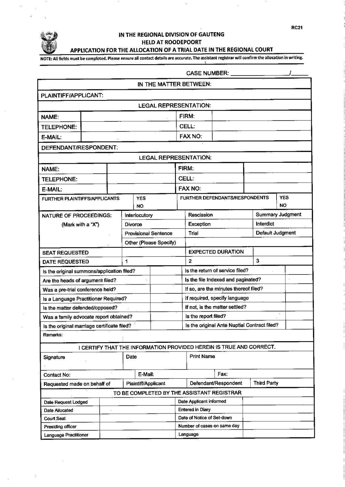 RC21 Trial Date Allocation Application - Form 1 Submission - Studocu