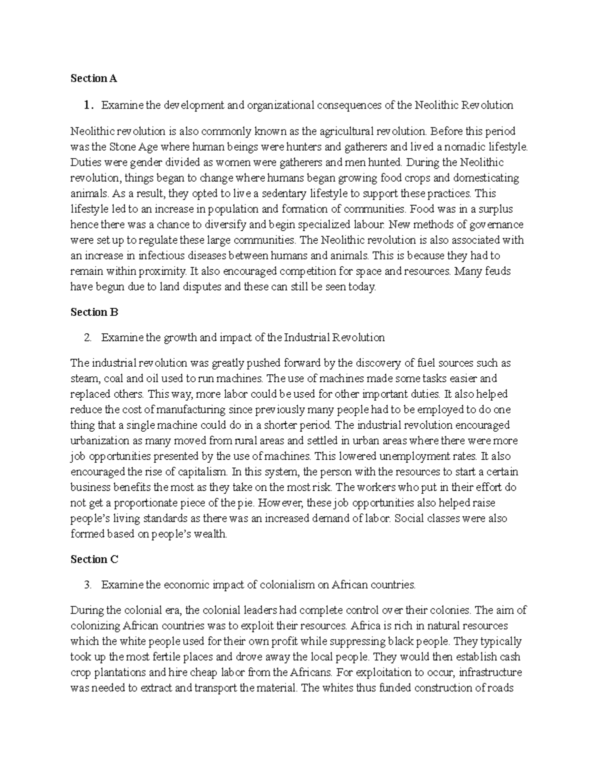 Economic History Exam - Industrial revolution, neolithic revolution and ...