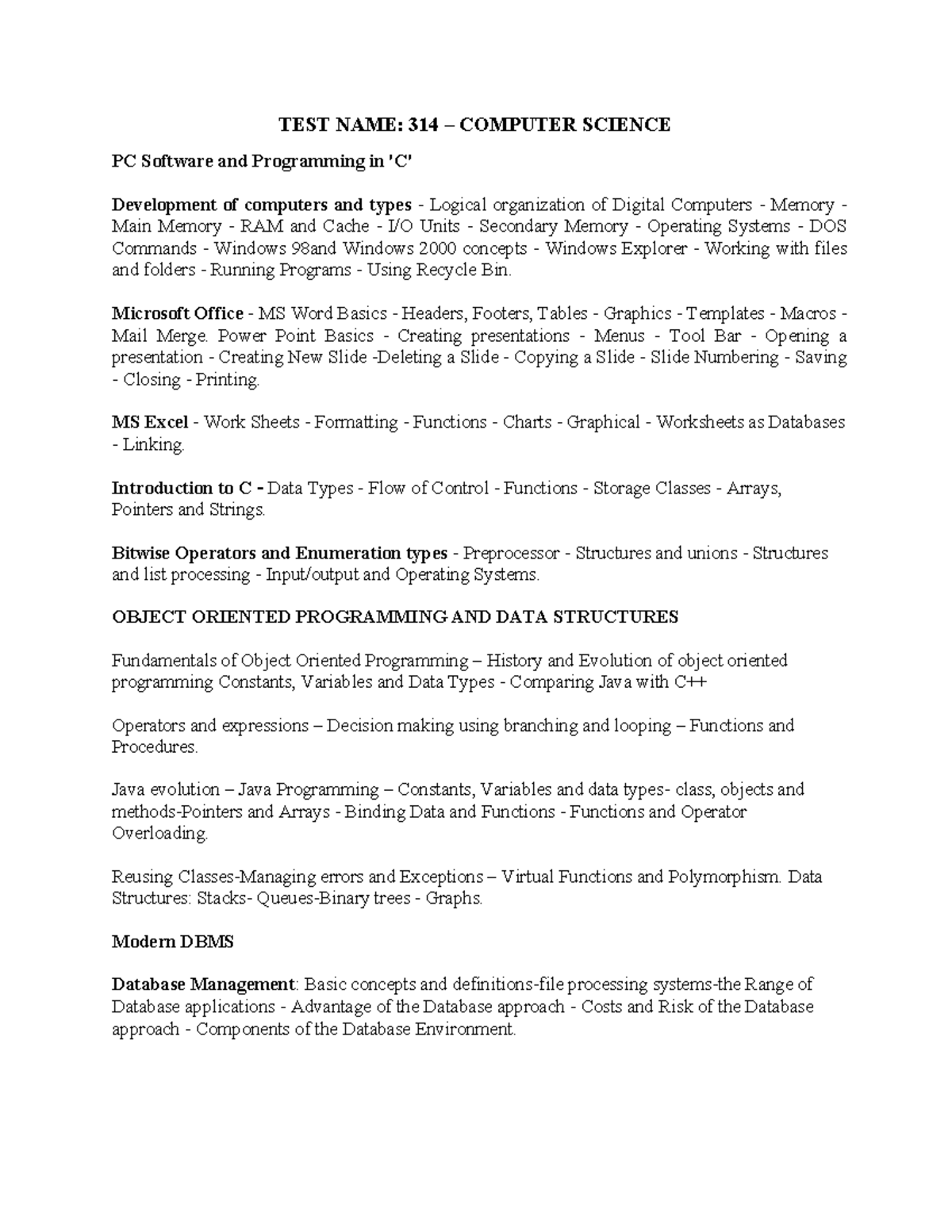 COMPUTER SCIENCE 314: PC Software, C Programming & DBMS Overview - Studocu