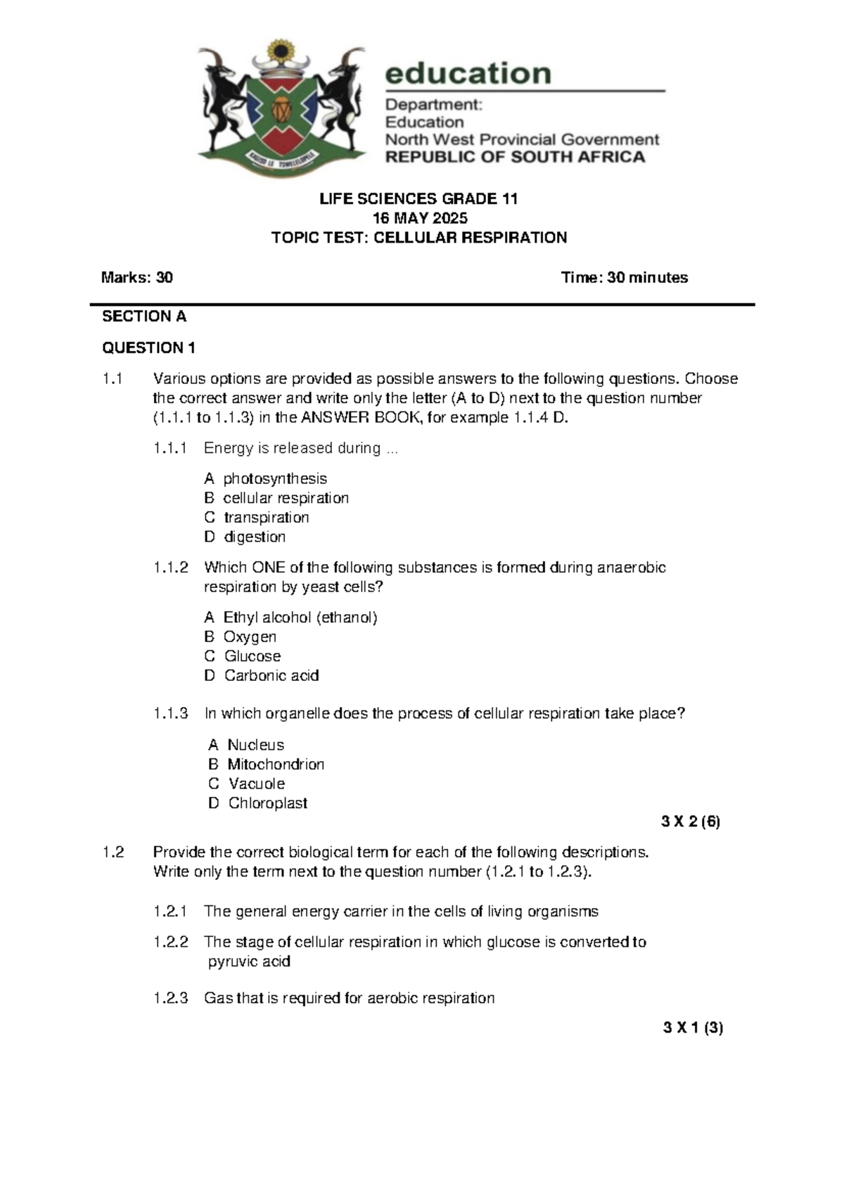 LIFE SCIENCES GRADE 11 TOPIC TEST: CELLULAR RESPIRATION (16 MAY 2025 ...
