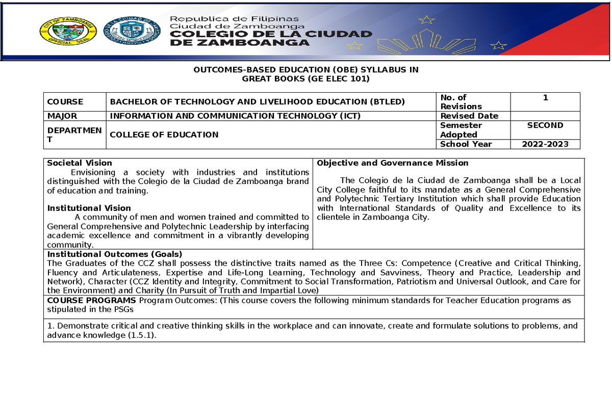 GE ELEC 101 Great Books - OBE Syllabus for BTLED Program - Studocu