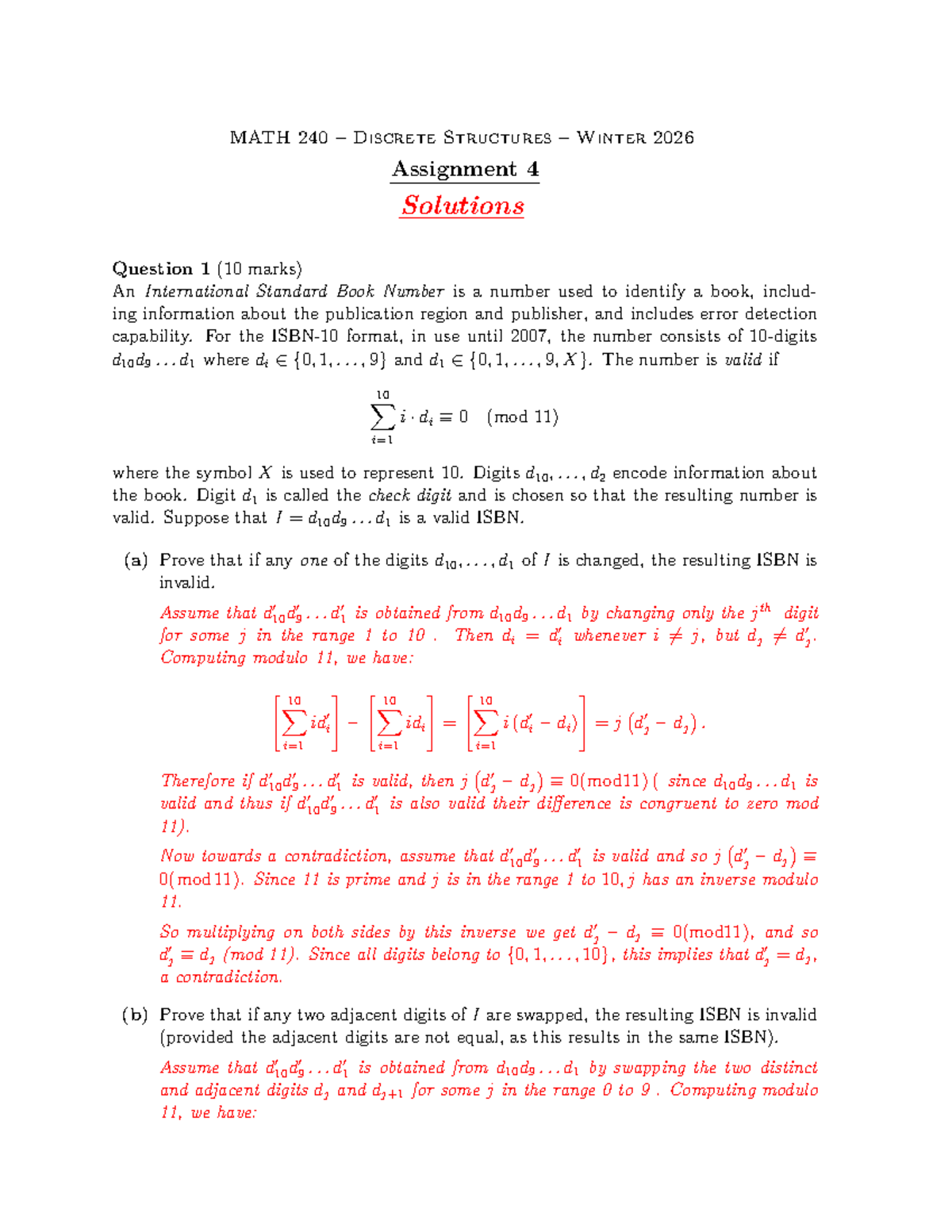 MATH 240 Discrete Structures Winter 2026 Assignment 4 Solutions - Studocu