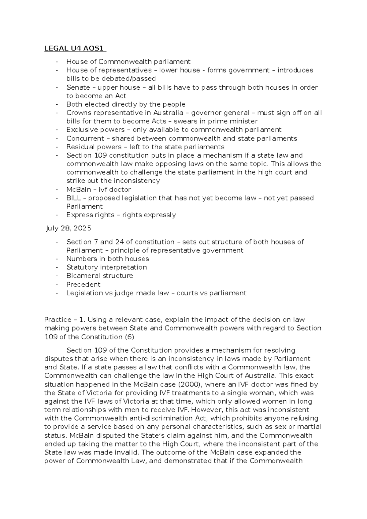 Legal U4 AOS1 Revision Notes on Commonwealth Parliament and Law Making ...