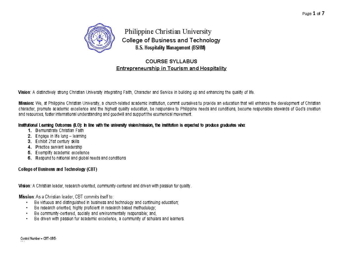Entrep-syllabus - Entrep - Control Number – CBT-OBE- Philippine ...