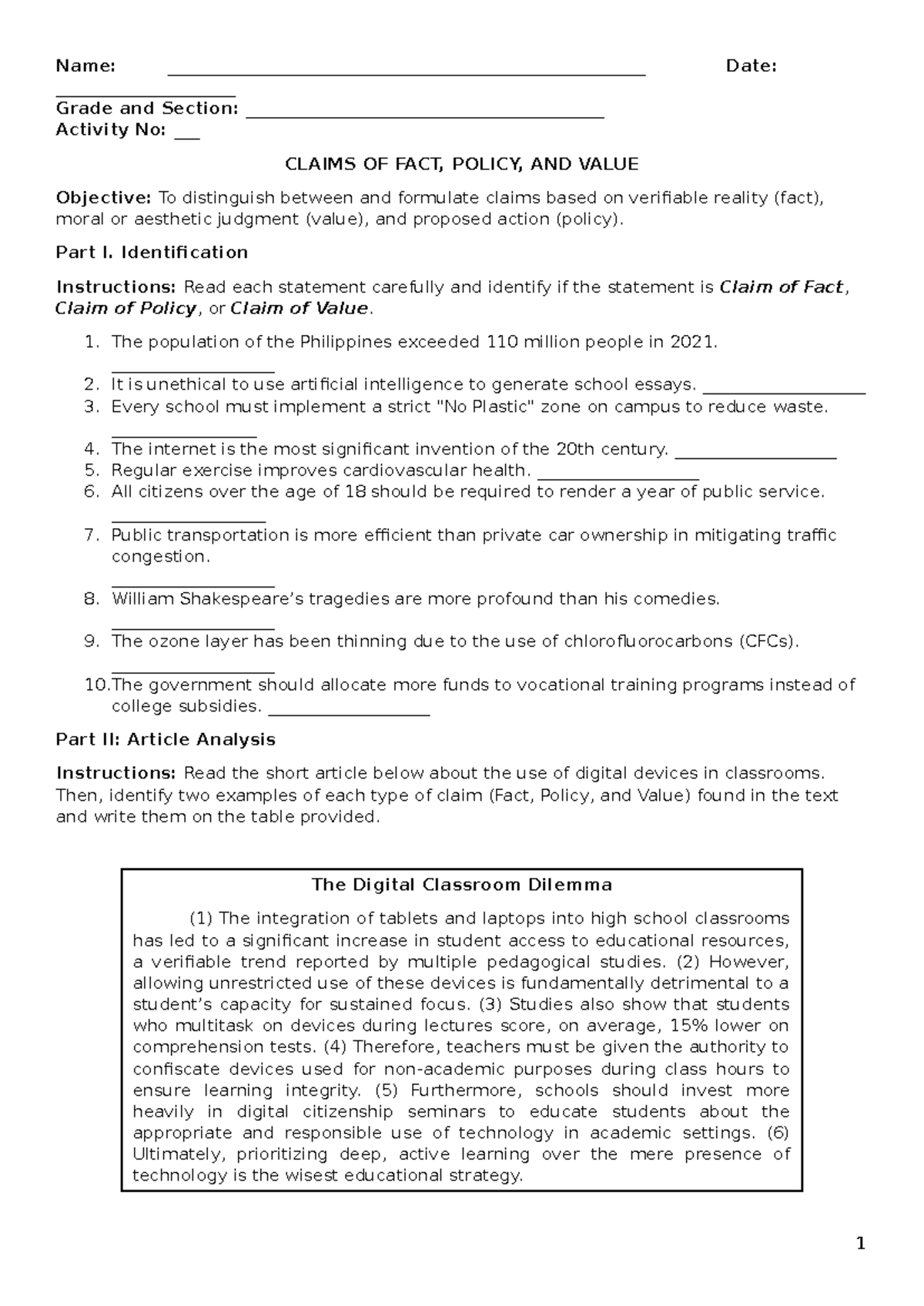 CLAIMS OF FACT, POLICY, AND VALUE Activity Sheet - Studocu