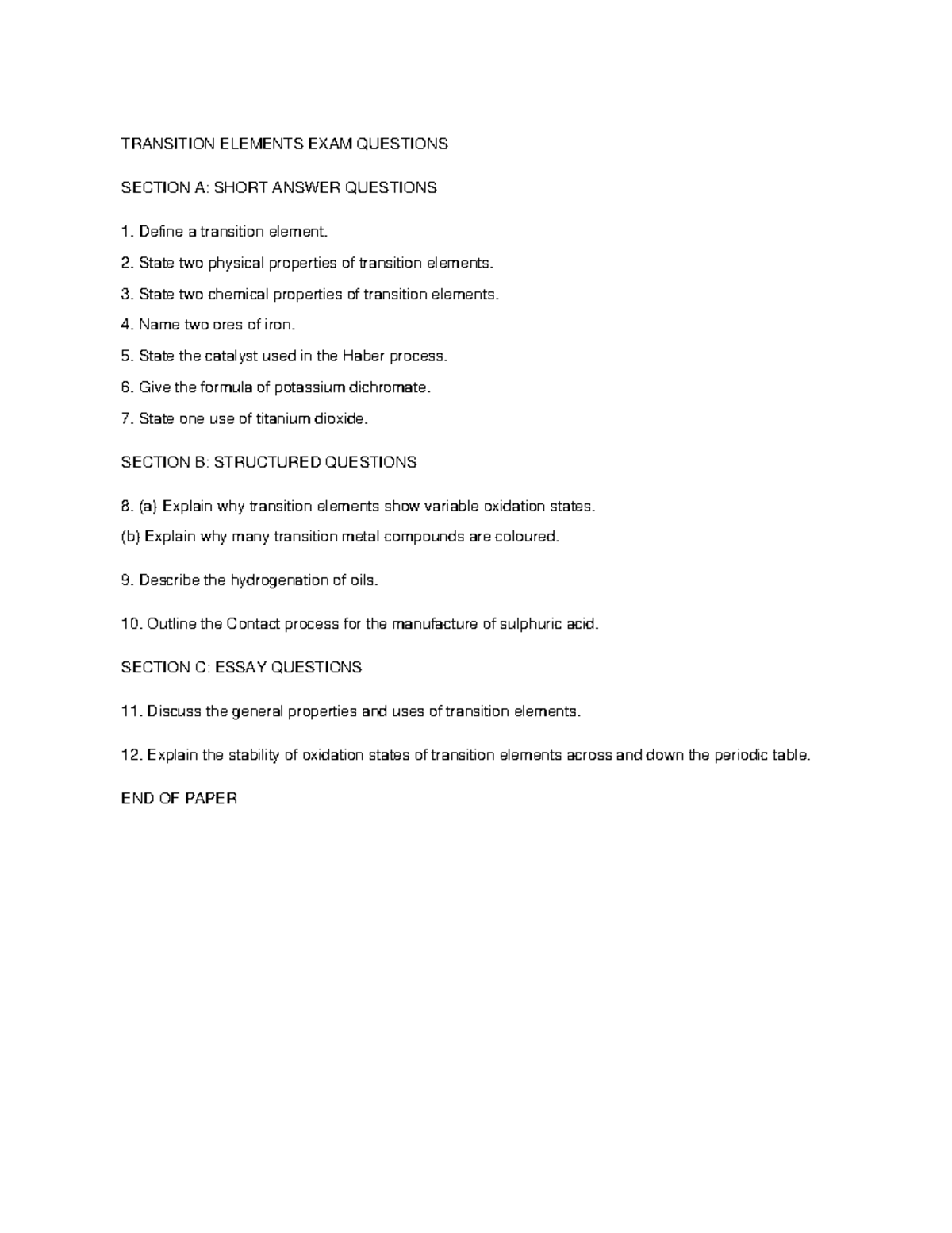 Transition Elements Exam Questions: Short Answer & Essay (CHEM101 ...