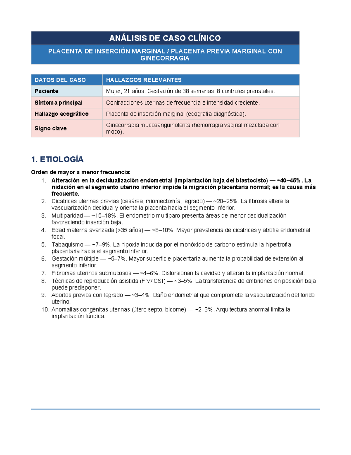 Caso Clínico: Placenta Inserción Marginal y Hemorragia Obstétrica - Studocu