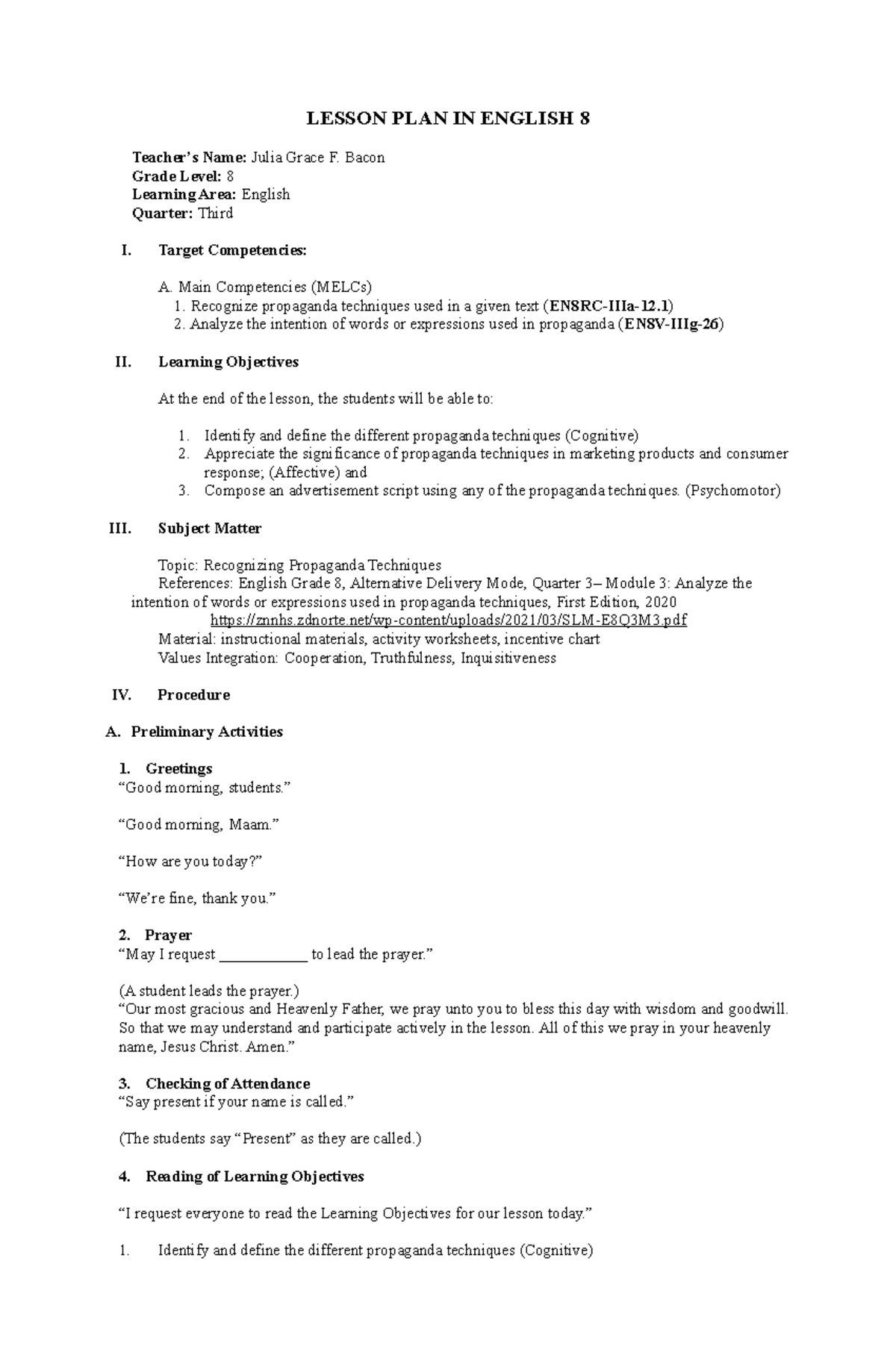Detailed Lesson Plan: Propaganda Techniques (EN8 - Grade 8, Q3, M3 ...