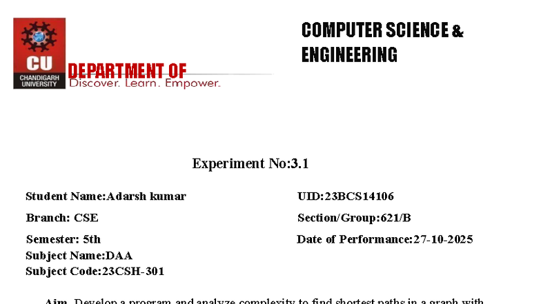 CSE 5th Sem DAA Lab: Shortest Path Algorithm Analysis - Studocu
