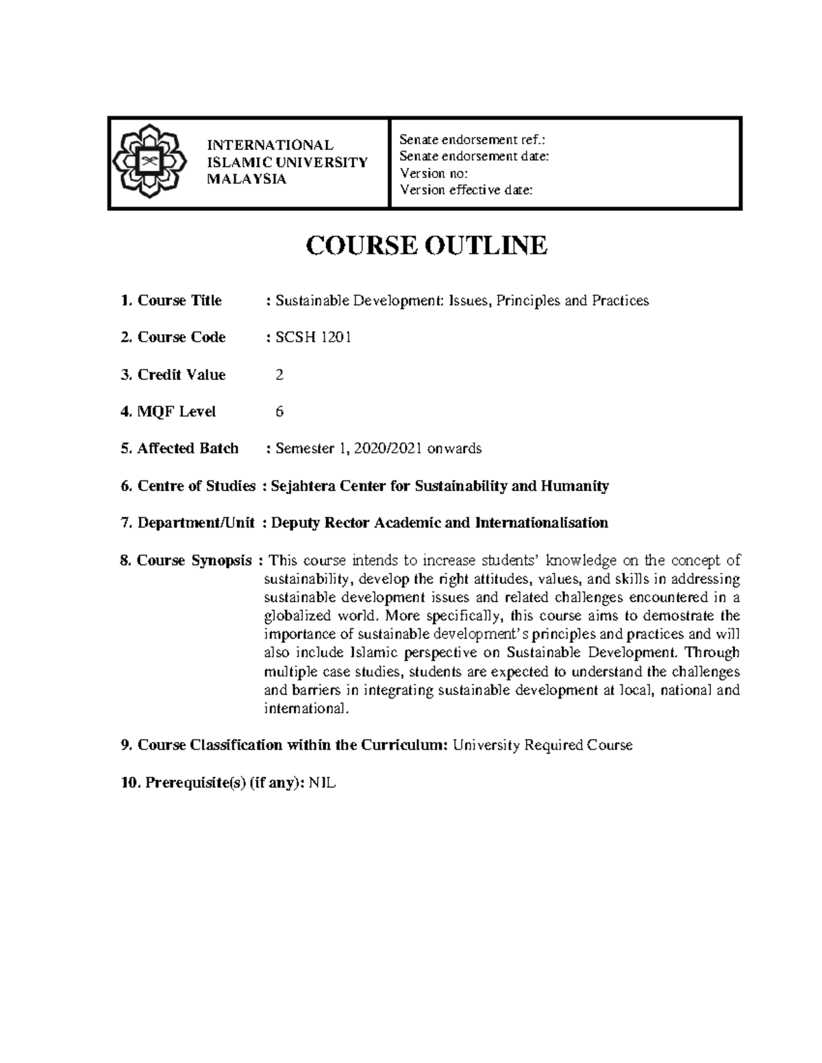 SCSH 1201 Course Outline: Sustainable Development Issues & Practices ...