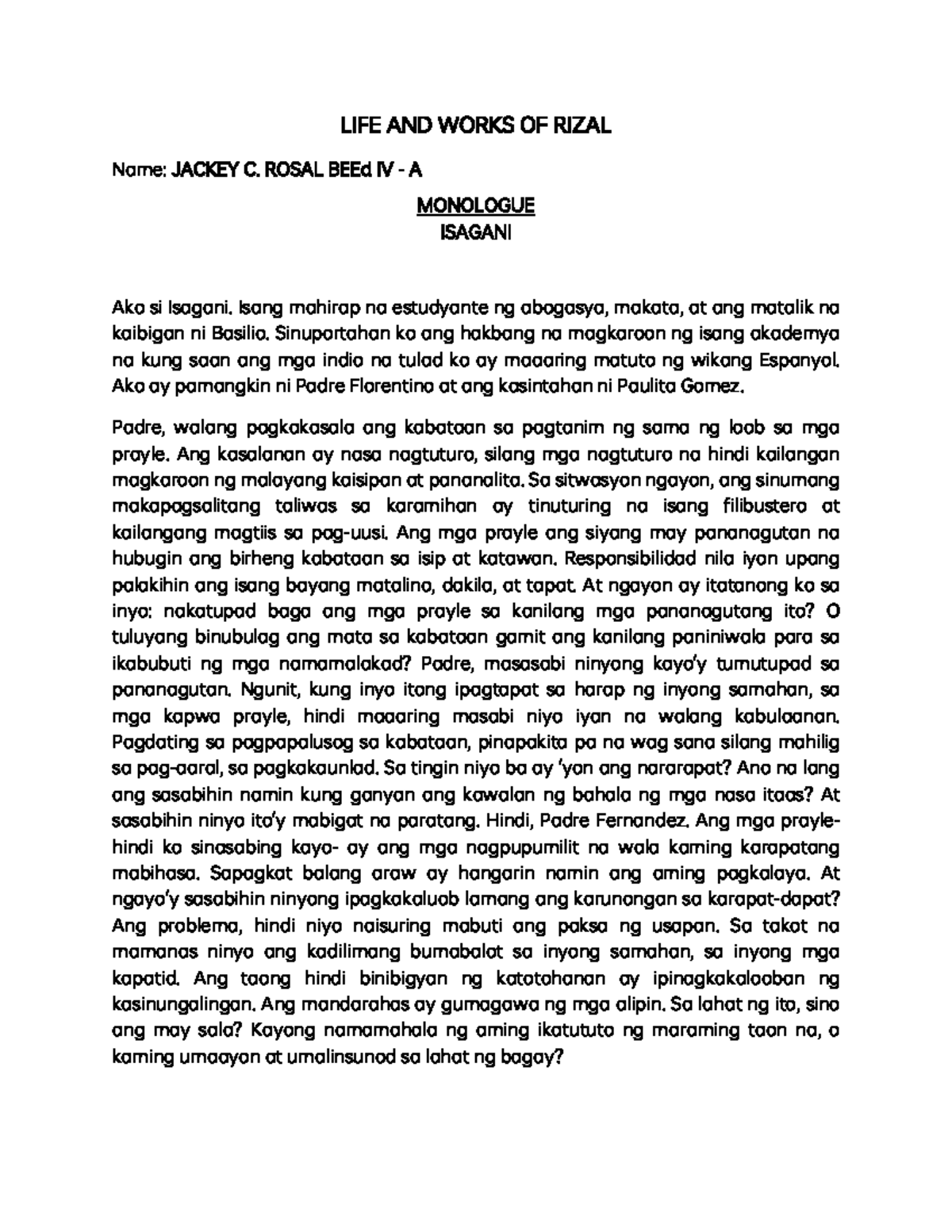 Monologue ng Isagani: Pagsusuri ng Kahalagahan ng Edukasyon - Studocu
