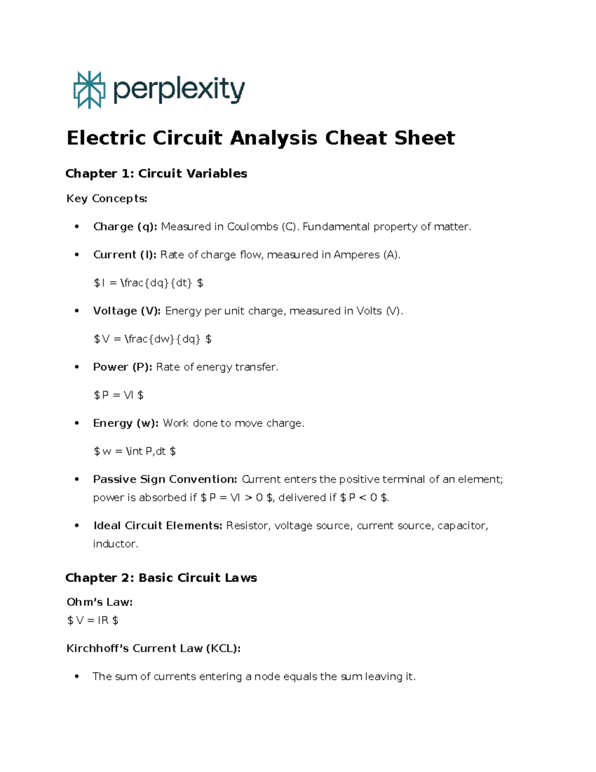Electric Circuit Analysis Cheat Sheet: Key Concepts & Laws - Studocu