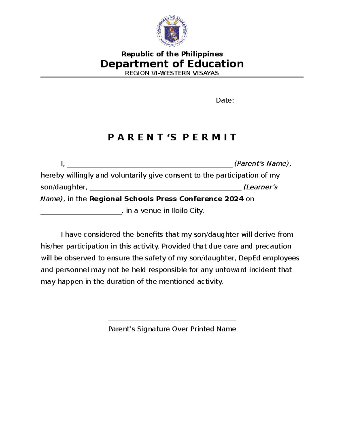 Parent's Permit for Regional Schools Press Conference RSPC-2024 - Studocu