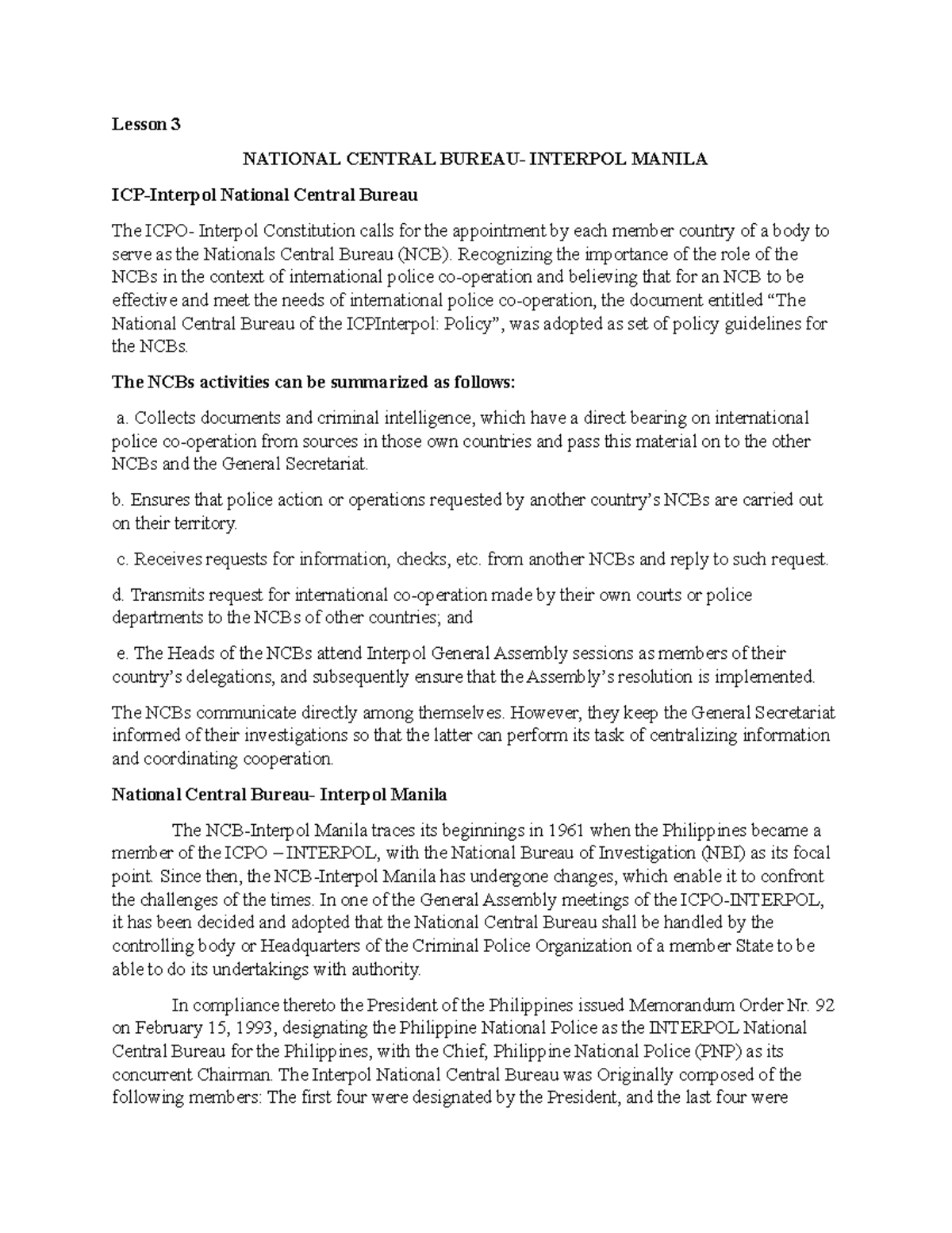 National Central Bureau- Interpol Manila Lesson 3 - Lesson 3 NATIONAL ...